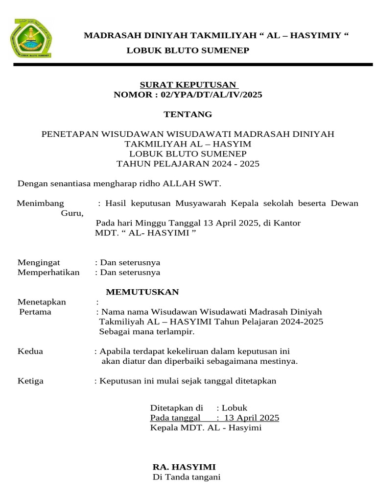 SK PENOBATAN WISUDAWAN WISUDAWATI MDT. AL HASYIMI 2024 PRINT | PDF