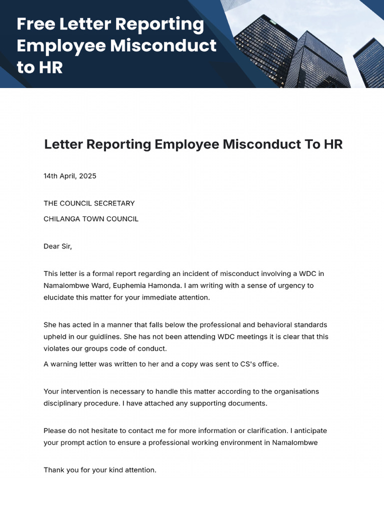Letter Reporting Employee Misconduct To HR | PDF