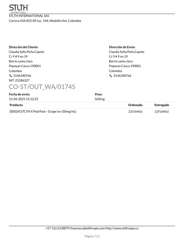 Delivery Slip - Claudia Sofia Peña Capote - CO-ST_OUT_WA_01745 | PDF