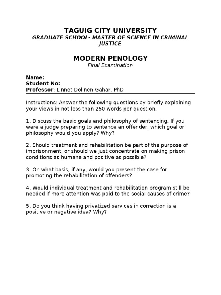 Modern Penology Exam: Sentencing Goals & Rehabilitation | PDF