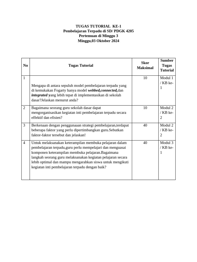 TUGAS TUTORIAL 1 Pembelajaran Terpadu. Fix | PDF