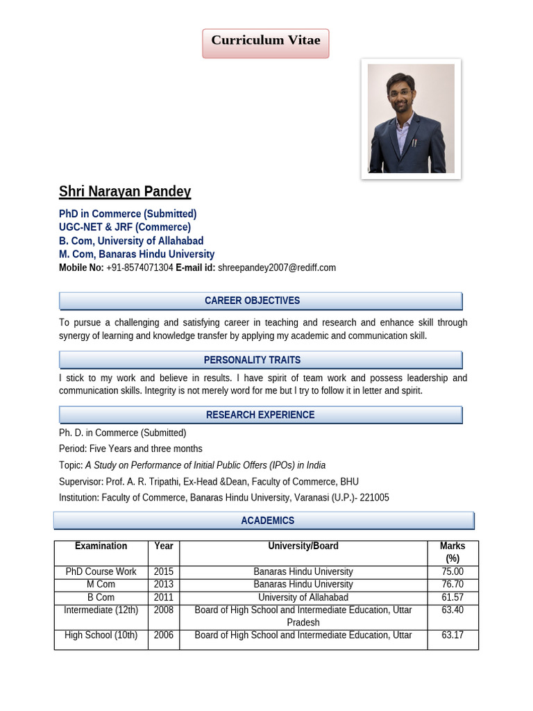 Shri Narayan Pandey CV Chris Univ | PDF | Doctor Of Philosophy | Business
