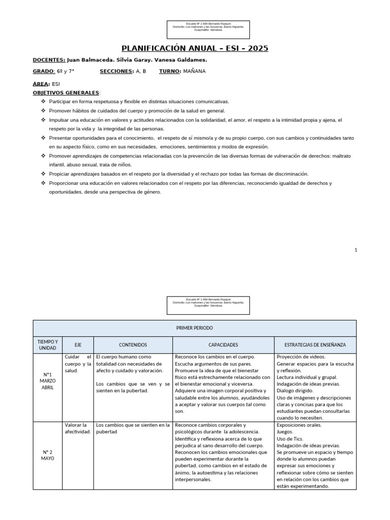 Planificación ESI 2025 para 6º y 7º Grado | PDF | Enseñando | Las emociones
