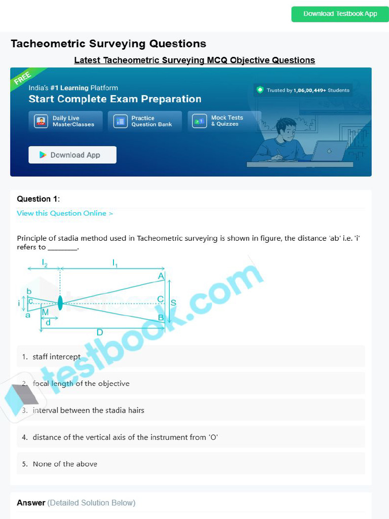 MCQ On Tacheometric Surveying 5eea6a0839140f30f369d711 | PDF