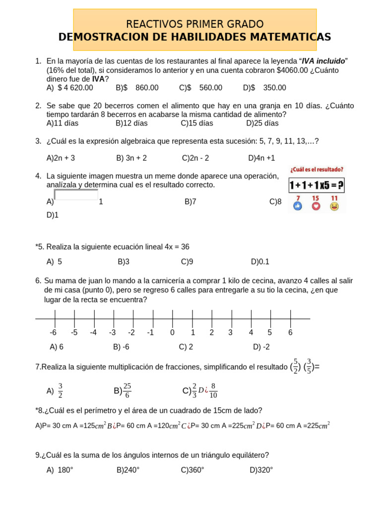 Reactivos Matemáticos para Primer Grado | PDF | Triángulo | Euclides