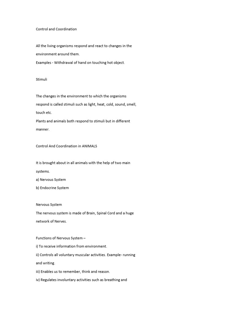 Control and Coordination Notes | PDF | Nervous System | Hormone