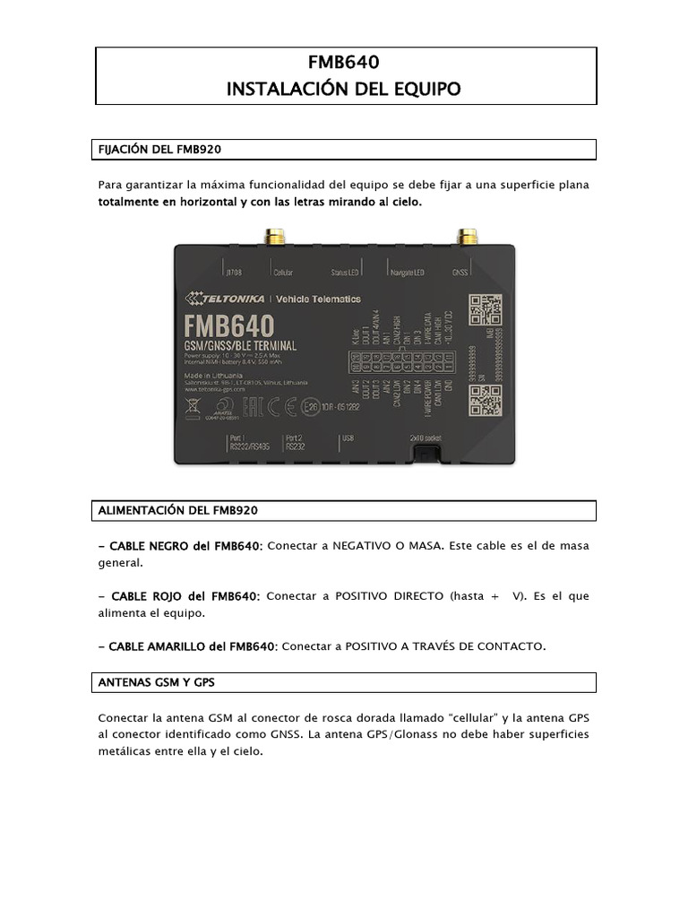 Instalación FMB640 - Fleet DRT | PDF | Conector eléctrico | Sistema de ...