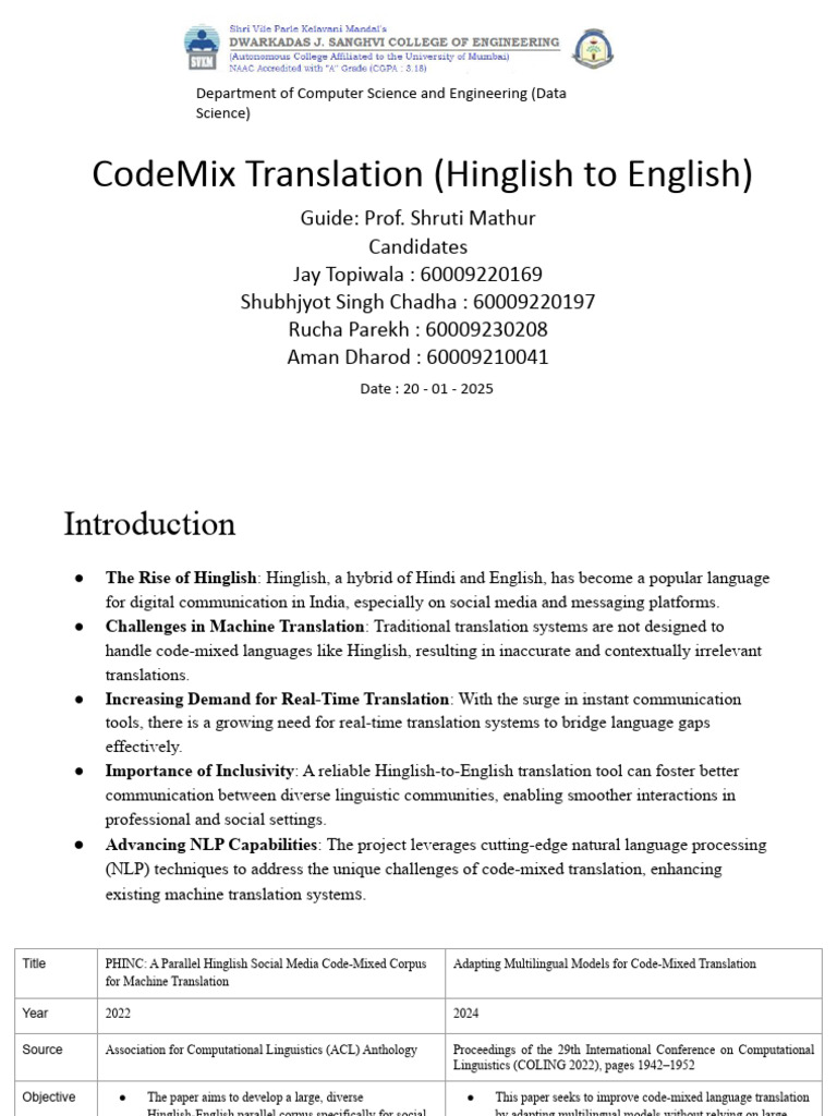 IPD - 2024-25 - Real-Time CodeMix Translation | PDF | Translations ...