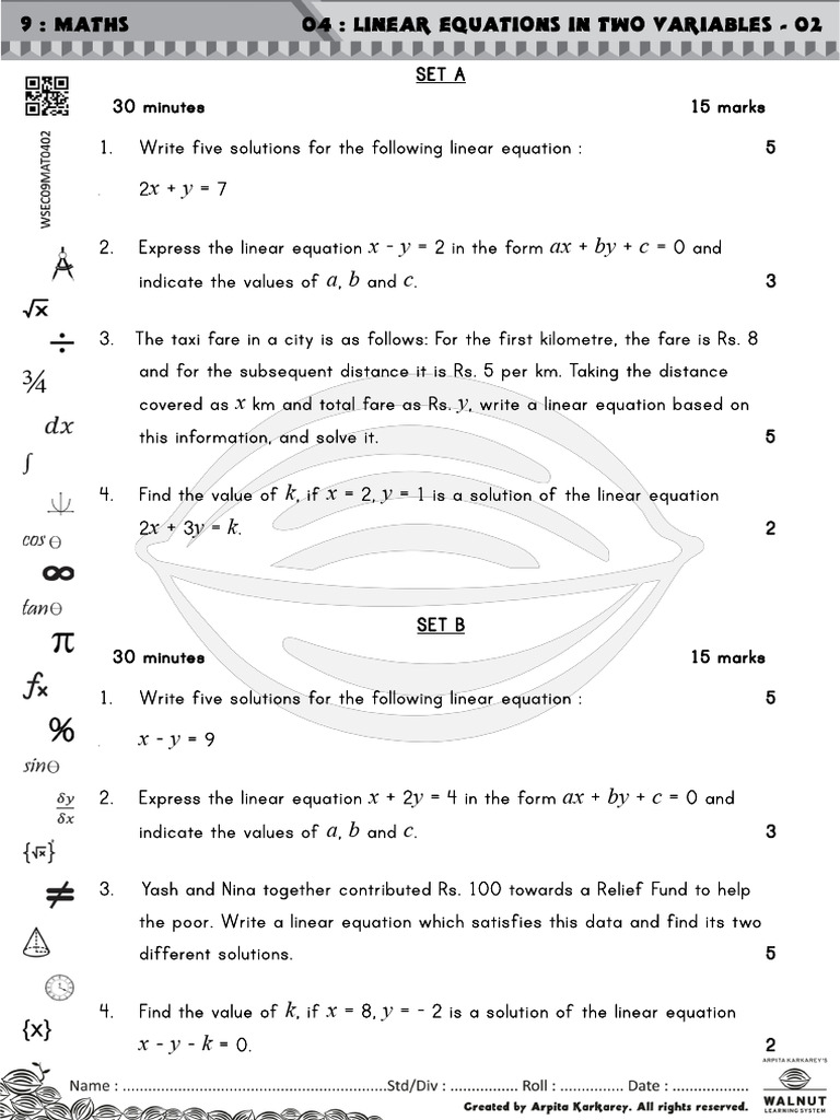 WSEC09MAT0402 - Linear Equations in Two Variables (1) | PDF | Equations | Force