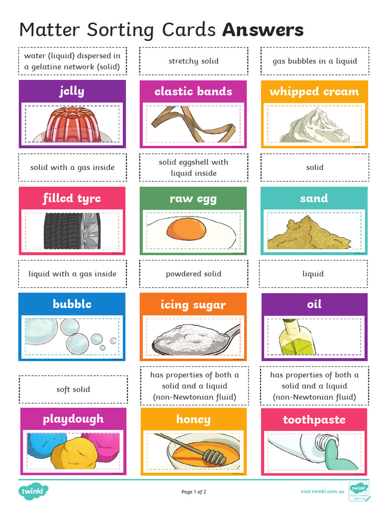 Matter Sorting Cards Answers | PDF | Fluid | Continuum Mechanics