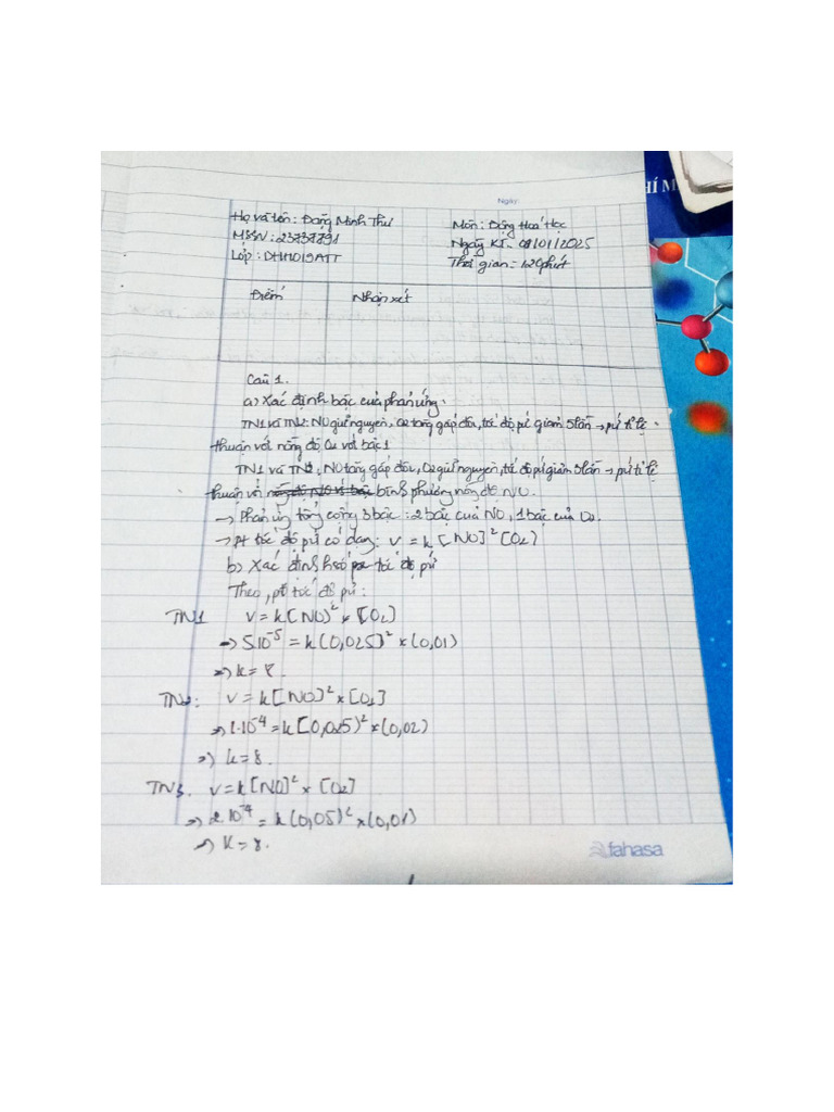 Bài Ktra Chương 1,2 Động Hóa Học | PDF