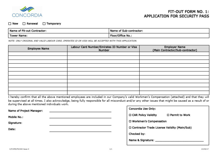 C-F-OPS-FO-024 - Fit-Out Form No. 1 (Application For Security Pass) | PDF