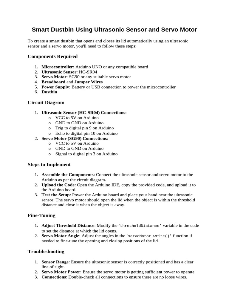 Smart Dustbin Using Ultrasonic Sensor and Servo Motor | PDF