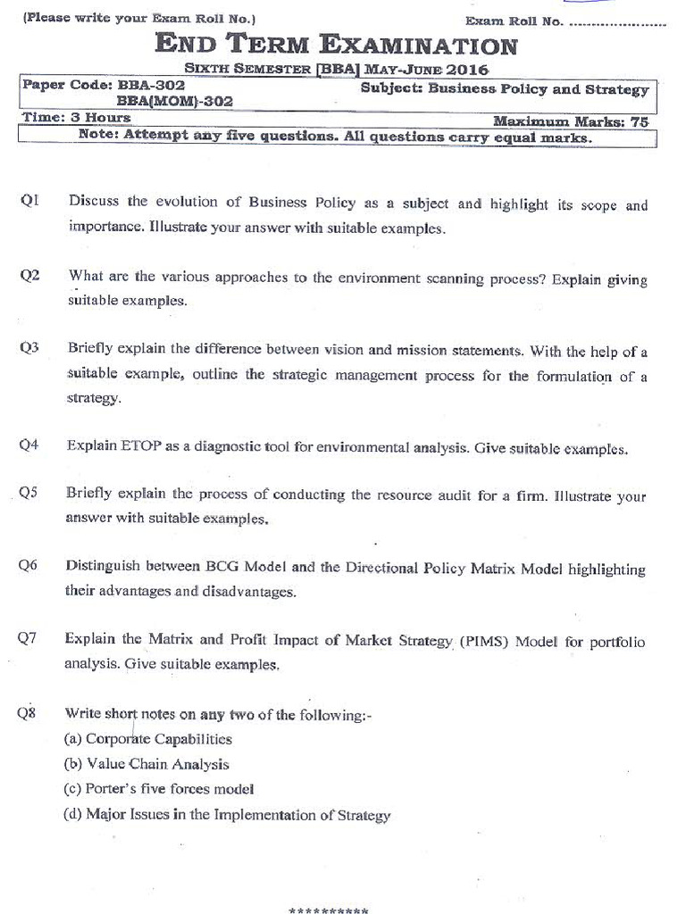 BPSM Previous Year Question Papers | PDF | Strategic Management | Cognition