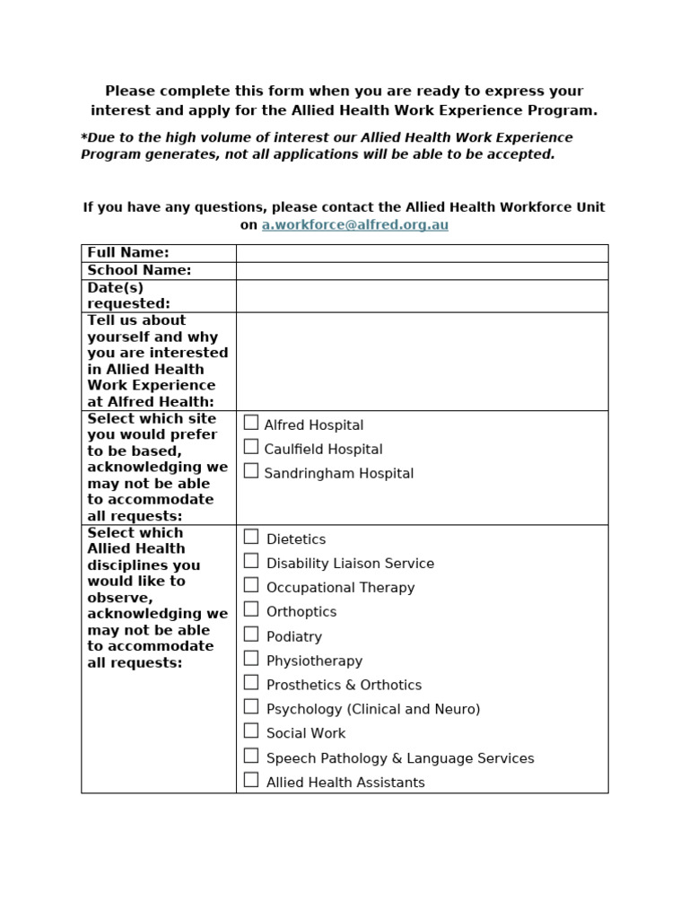 Sandringham Hospital Work Experience Form | PDF