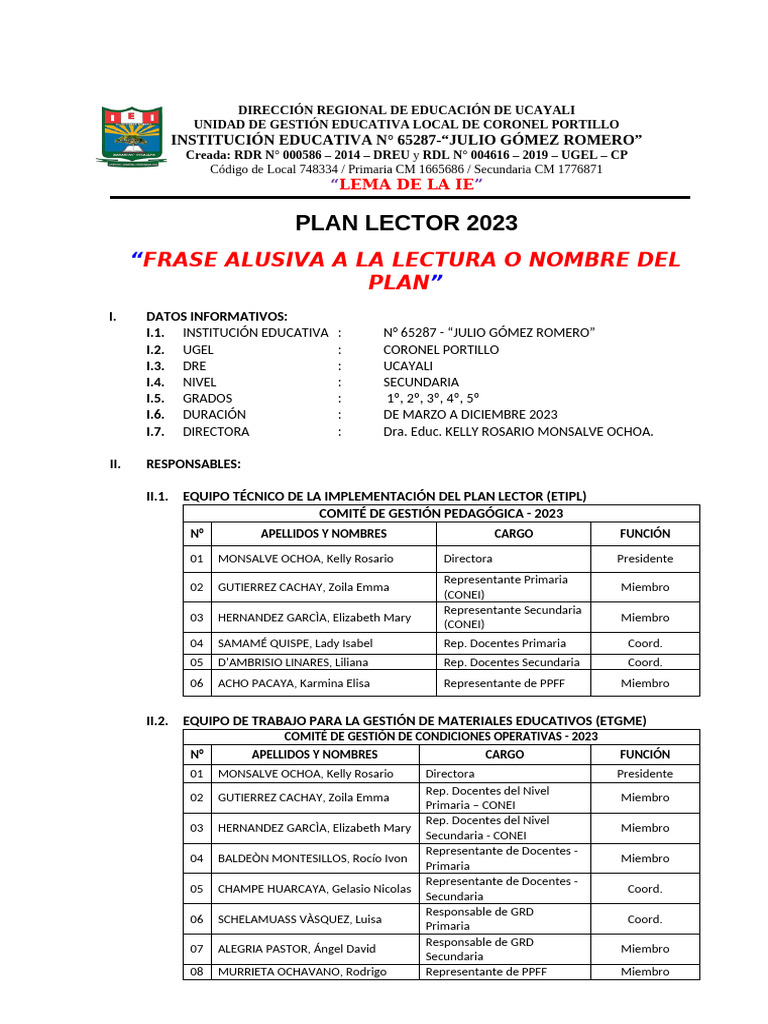 Plan Lector 2023: Fomento de la Lectura | PDF | Biblioteca escolar ...