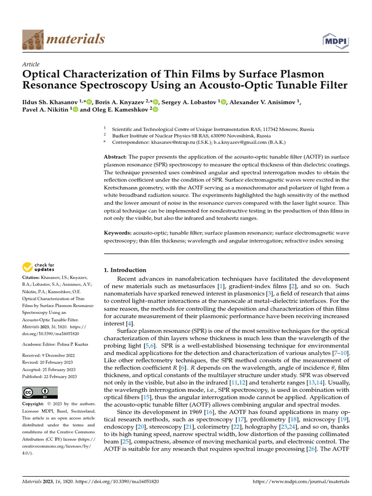 Materials 16 01820 v2 | PDF | Surface Plasmon Resonance | Optics