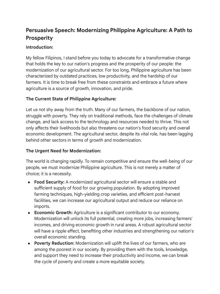 Persuasive Speech - Modernizing Philippine Agriculture | PDF ...