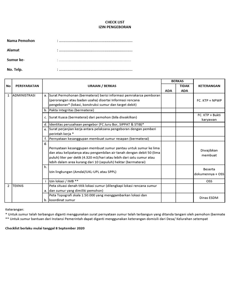 Checklist IzinPengeboran - Dari PTSP | PDF