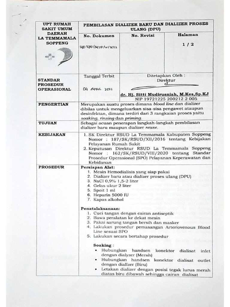 SPO PEMBILASAN DIALIZER BARU DAN DIALIZER PROSES ULANG (DPU) | PDF