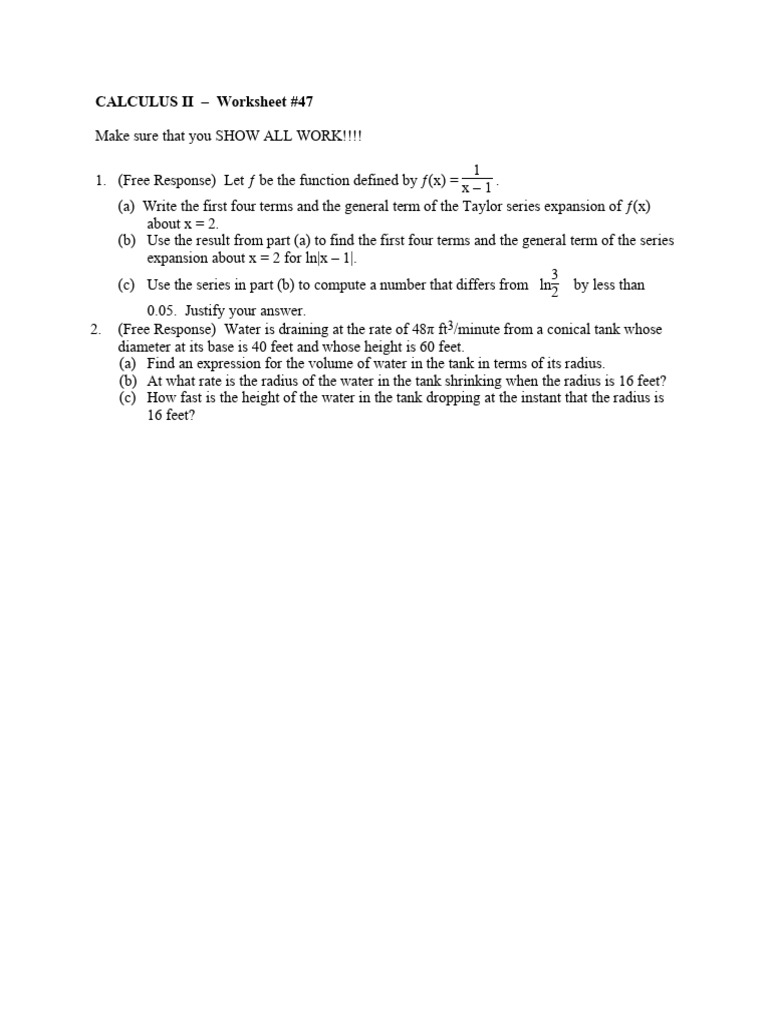 Calculus II Worksheet: Taylor Series & Rates | PDF