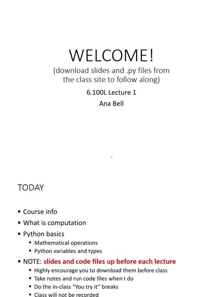 Introduction To CS and Programming Using Python, Lecture 1 - Introduction - Mit6 - 100l - f22 ...