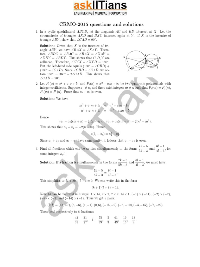 RMO 2015 Problems and Solutions | PDF | Elementary Mathematics ...