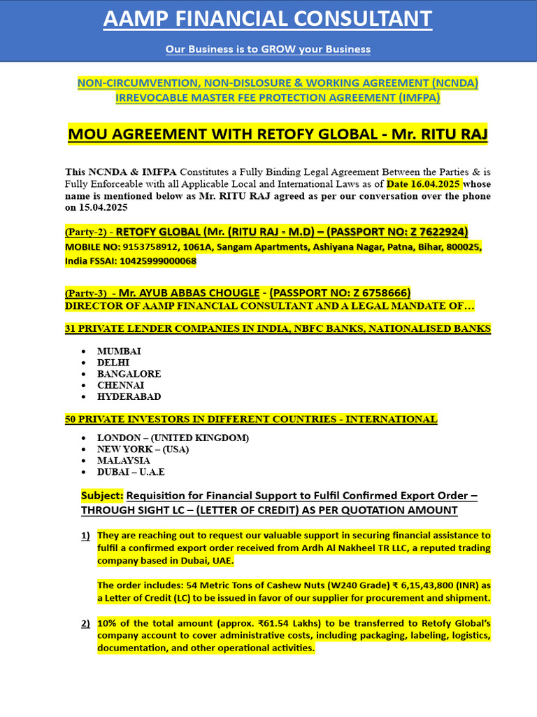 AAMP FINANCIAL AGREEMENT | PDF | Letter Of Credit | Loans