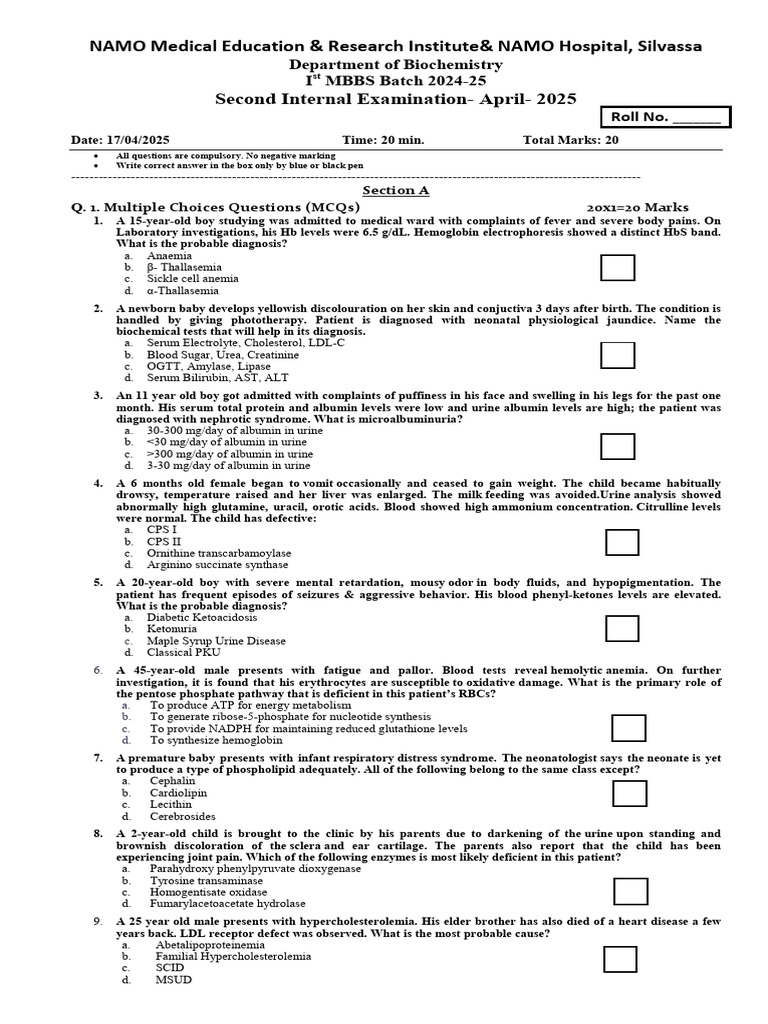 2nd Internal MCQ Question Paper | PDF | Medical Specialties
