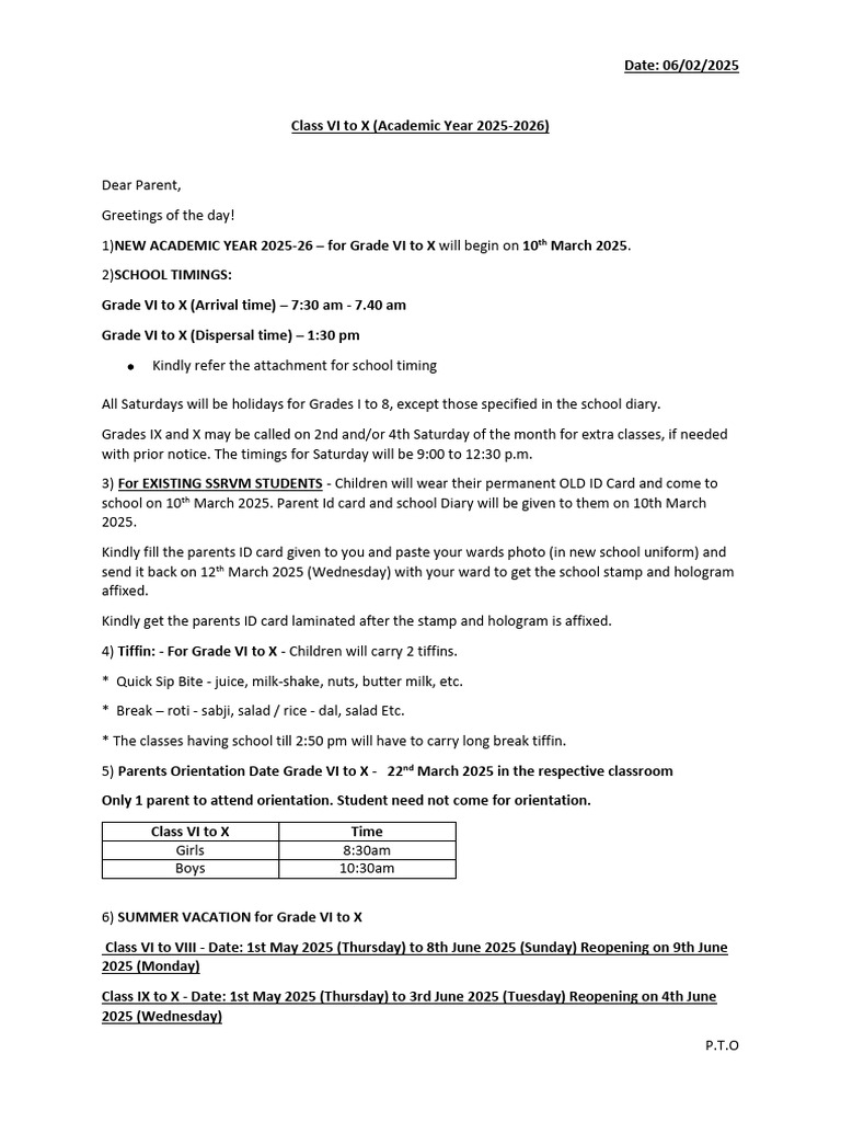 SCHOOL OPENING CIRCULAR 2024-2025 - 6 To 10 - EXISTING | PDF