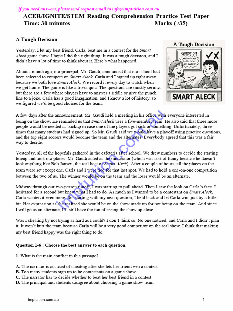 ACER IGNITE STEM TEST Reading Comprehension Sample Practice Test Paper ...