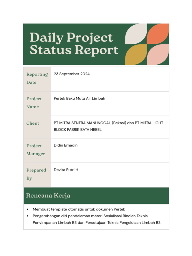 Daily Project Status Report - 23 September 2024 | PDF