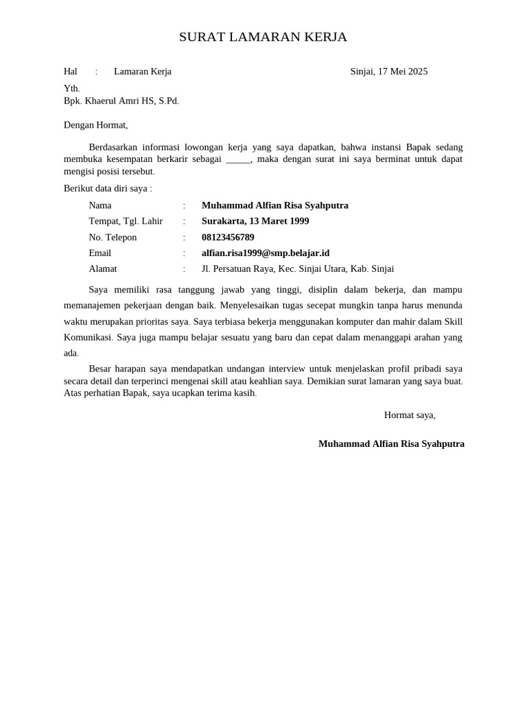 Surat Lamaran Kerja Muhammad Alfian | PDF