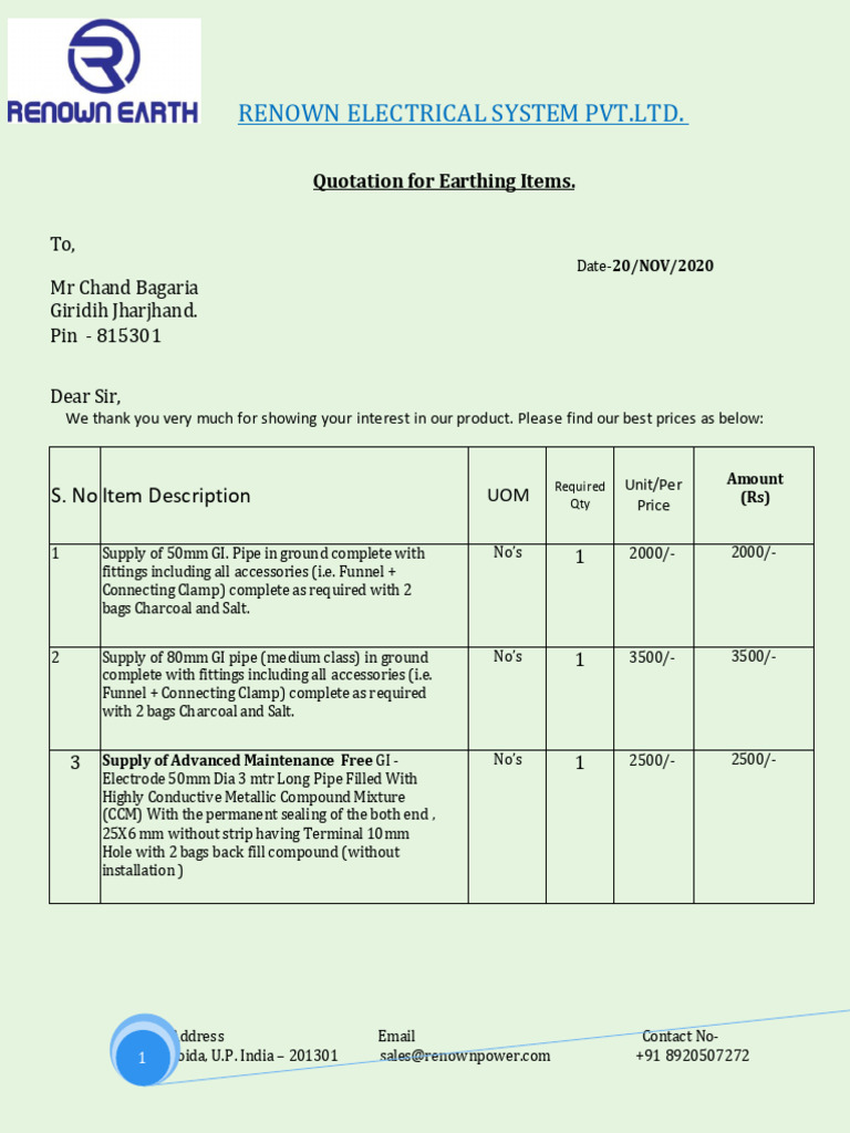 Earthing Items Quotation - Renown Electrical | PDF | Electricity ...