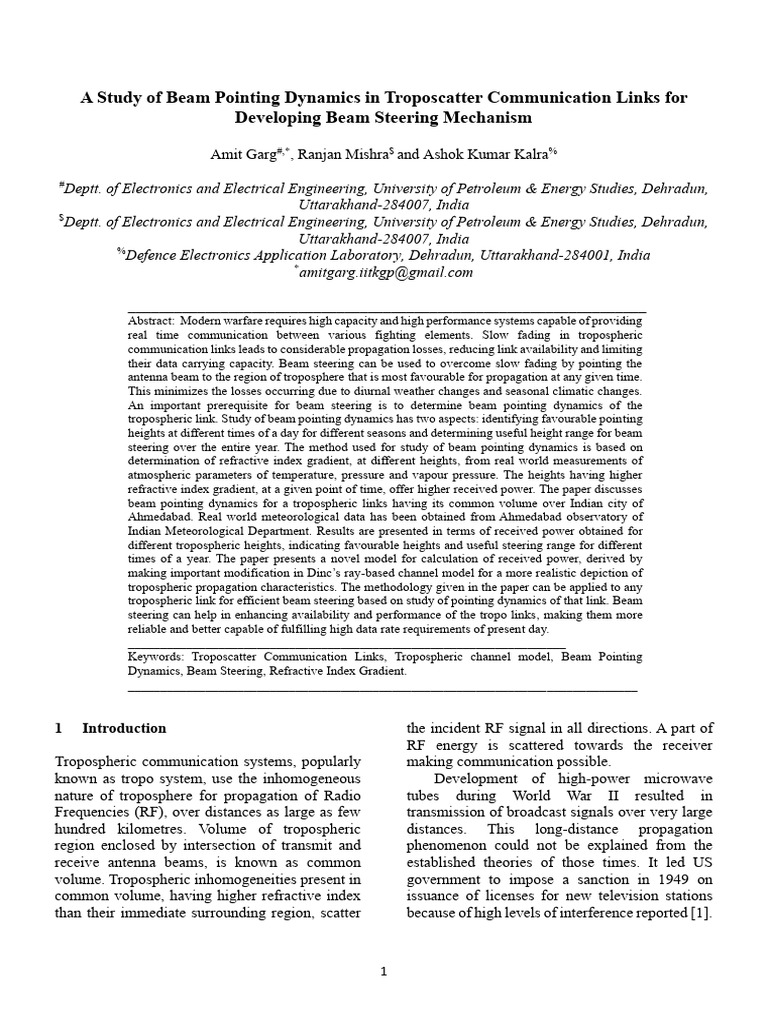 A Study of Beam Pointing Dynamics in Troposcatter Communication Links ...