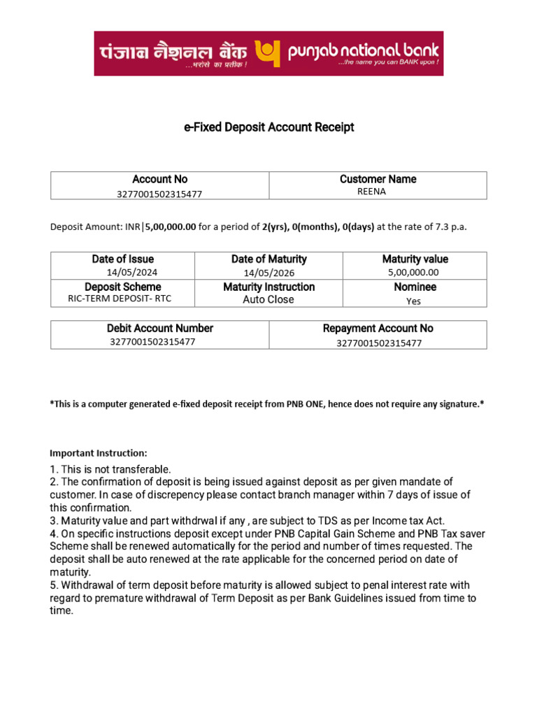 PNB FD Reena | PDF
