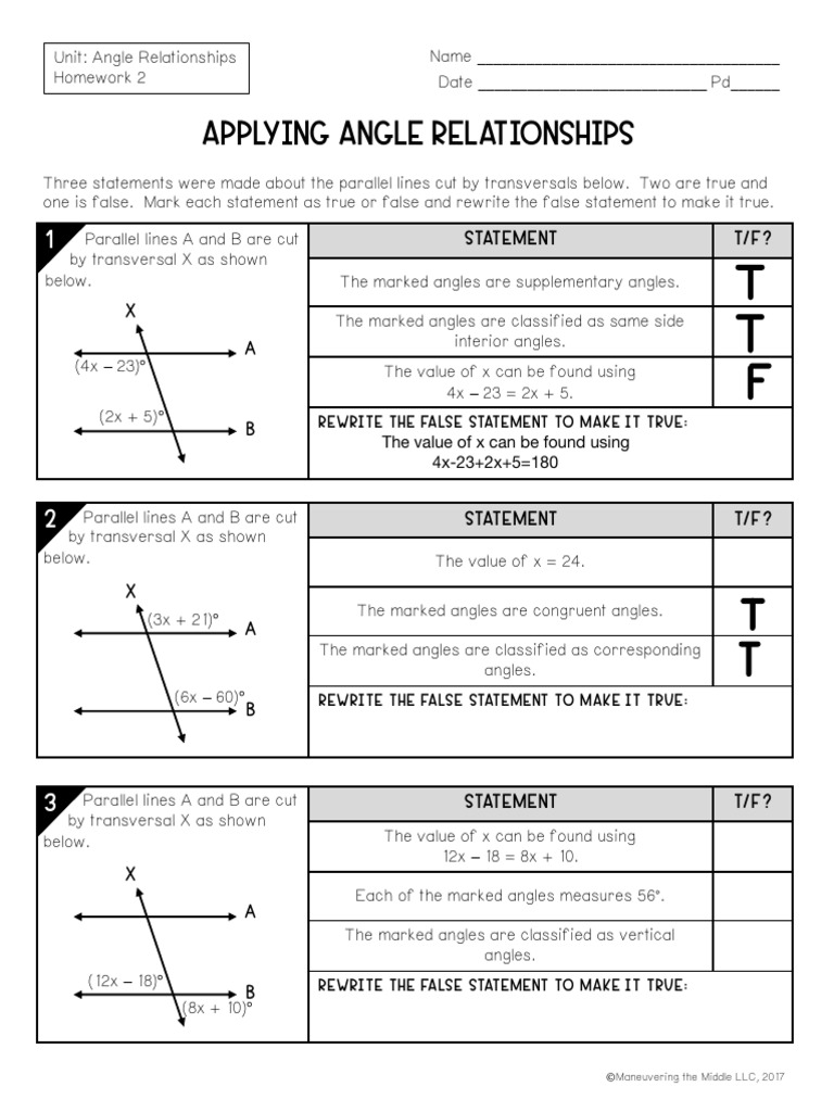 Applying Angle Relationships HW | PDF | Euclidean Geometry | Elementary ...