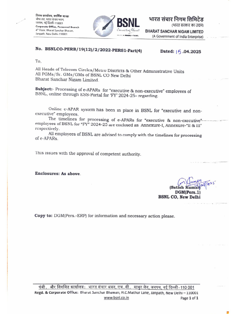 1 Letter Dt. 15.04.2025 W.R.T. APAR Timelines For BSNL Employees | PDF