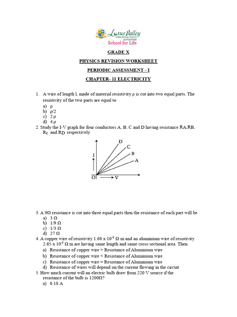 Grade X Physics: Electricity Worksheet | PDF | Electrical Resistivity ...
