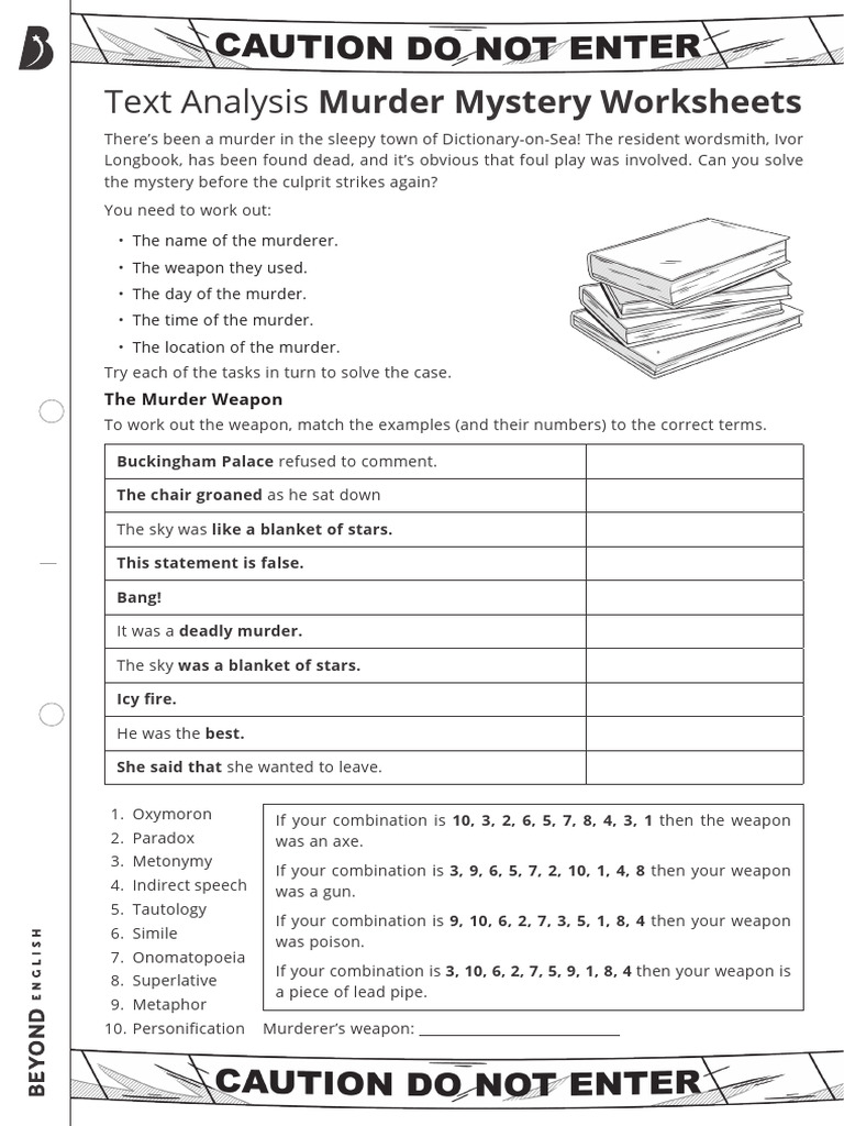 Murder Mystery Worksheet - The Murder Weapon - BW | PDF