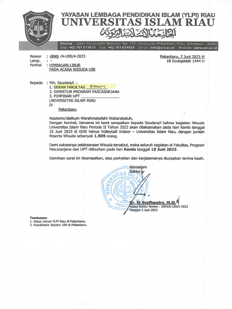 Himbauan Libur Pada acara Wisuda UIR | PDF