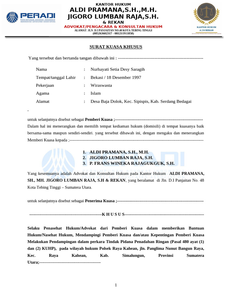 Surat Kuasa Nurhayati Setia Desy Saragih | PDF