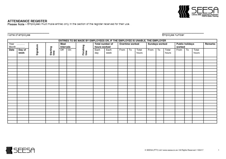 Employee Attendance Register Template | PDF