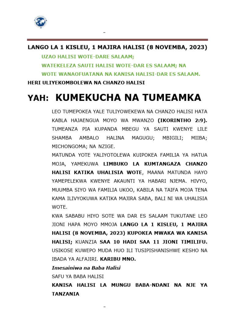 Kupokea Mwaka Halisi Wa Kanisa Leo Jioni | PDF