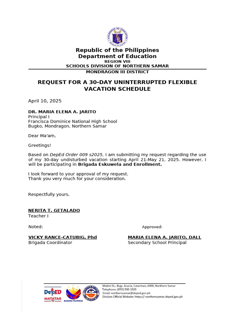 Letter Request Uninterrupted Vacation | PDF