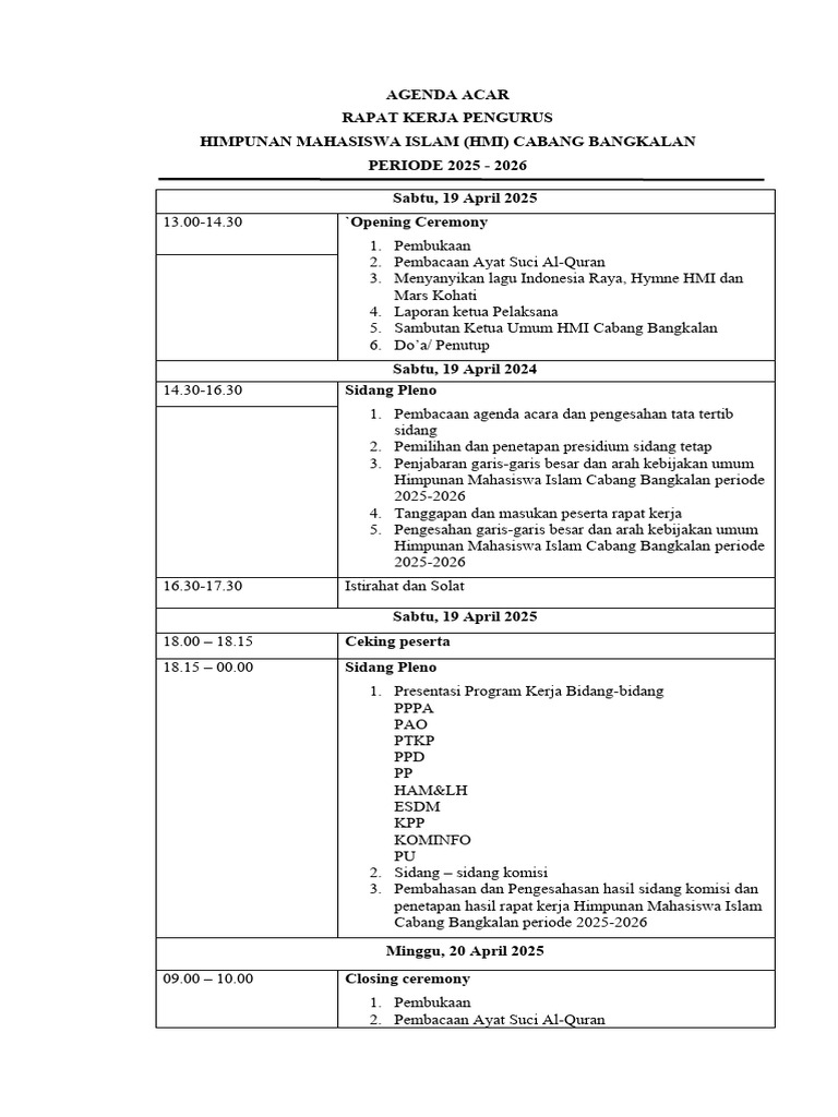 Agenda - Acara - Rapat - Kerja - Pengurus - Hmi Cabang BKL | PDF