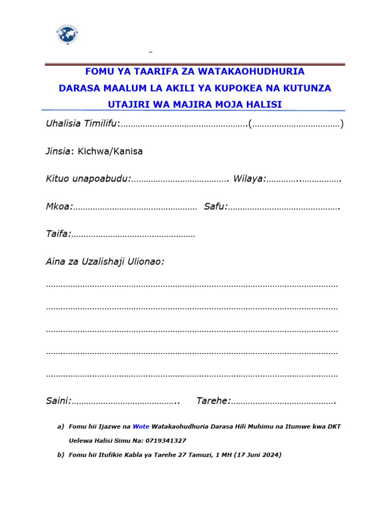 Fomu Ya Taarifa Za Watakaohudhuria | PDF