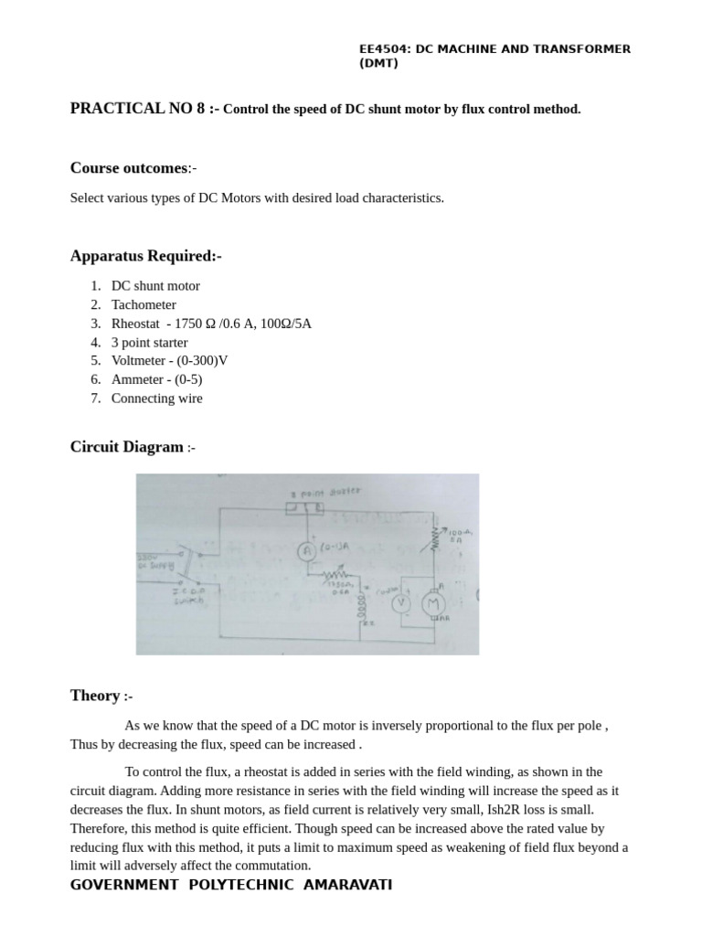 Practical No 8:-: Control The Speed of DC Shunt Motor by Flux Control ...