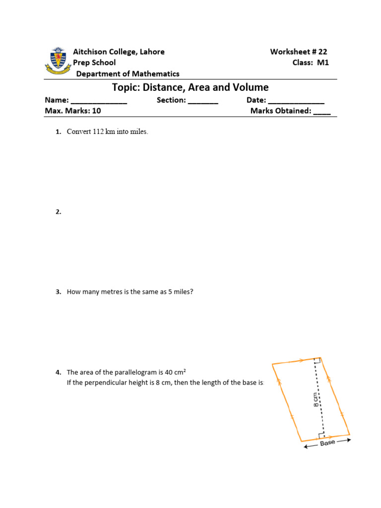 M1 HW Sheet 22 Distance, Area and Volume (ZT) | PDF