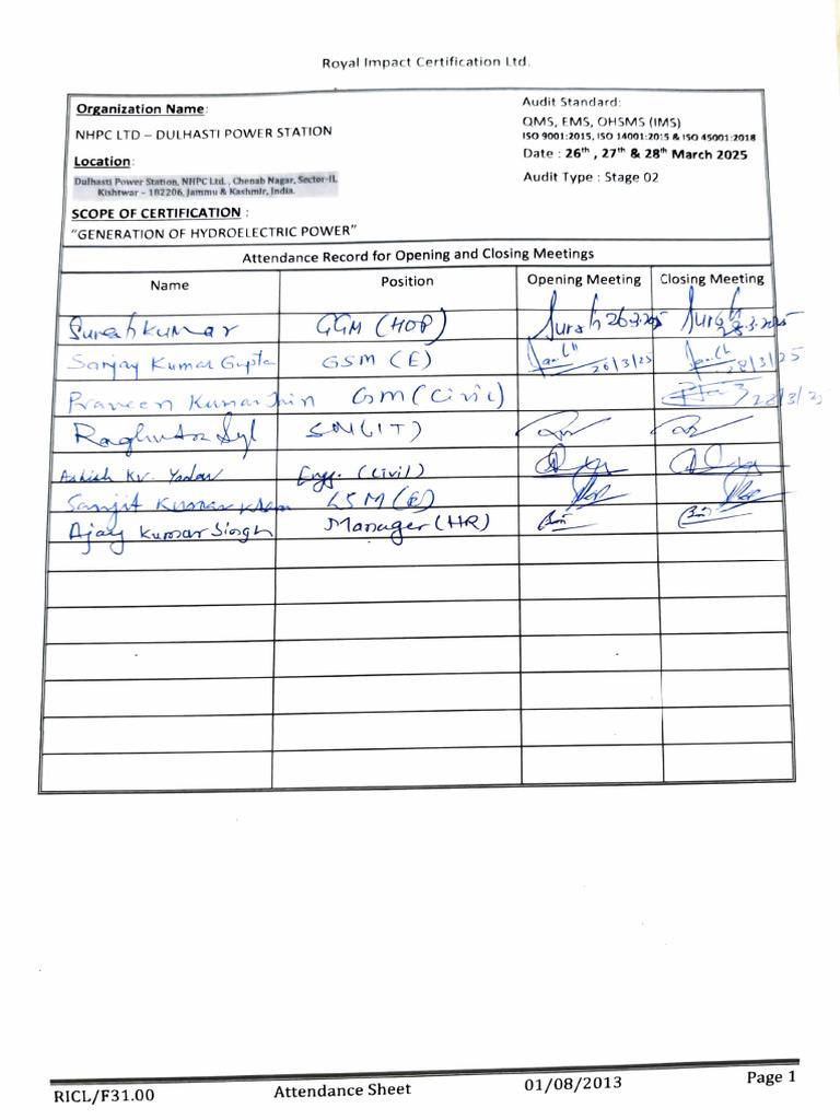 Audit Attendance Sheet - Opening & Closing Meeting | PDF